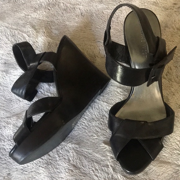 Anne Klein | Shoes | Ak Black Leather Peep Toe Wedges 8 Dressy Ankle ...